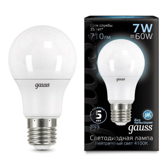 Лампа Gauss LED A60 E27 7W 710lm 4100K 1/10/40