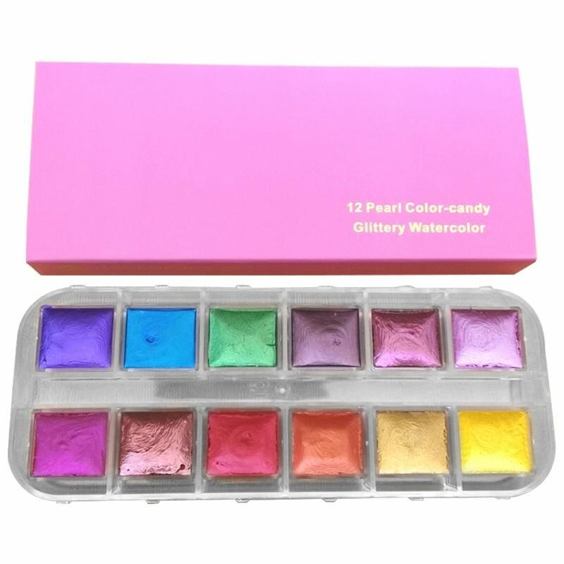 (1 набор) 12 цветов твердых перламутровых акварельных красок (высокая)