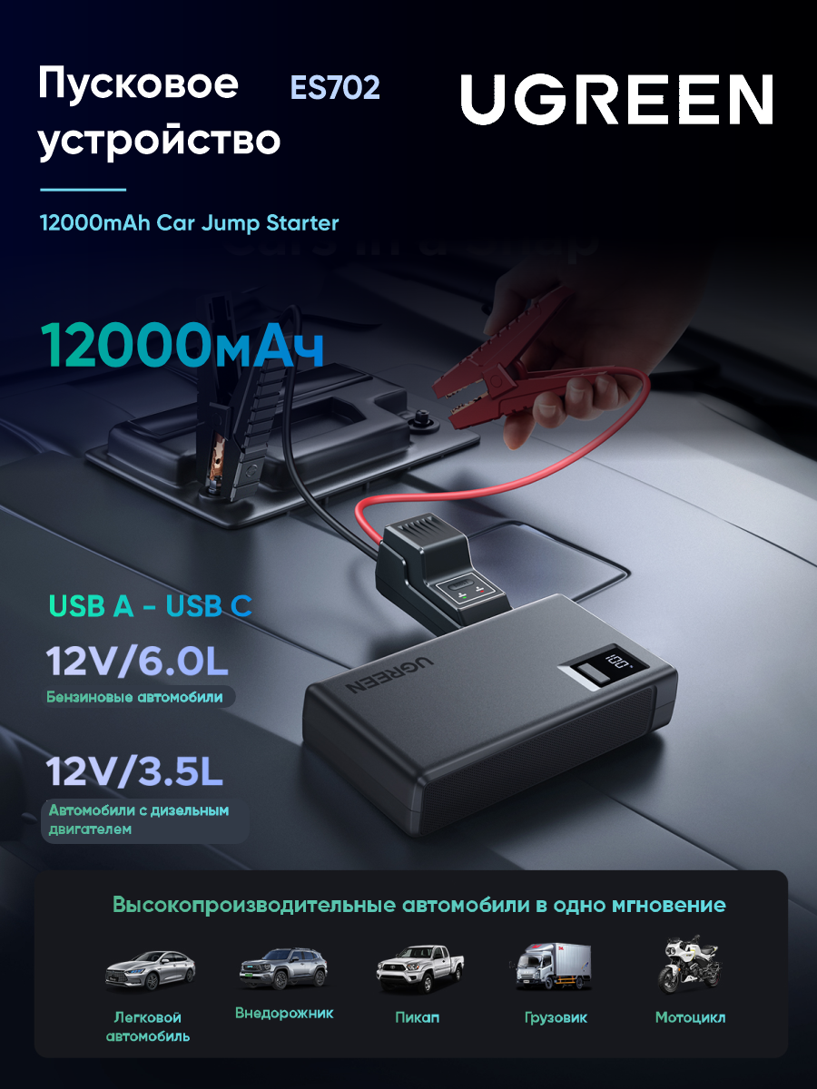 Пусковое устройство UGreen ES702, 12000 мА/ч, ЖК-дисплей, мощность 1500 А