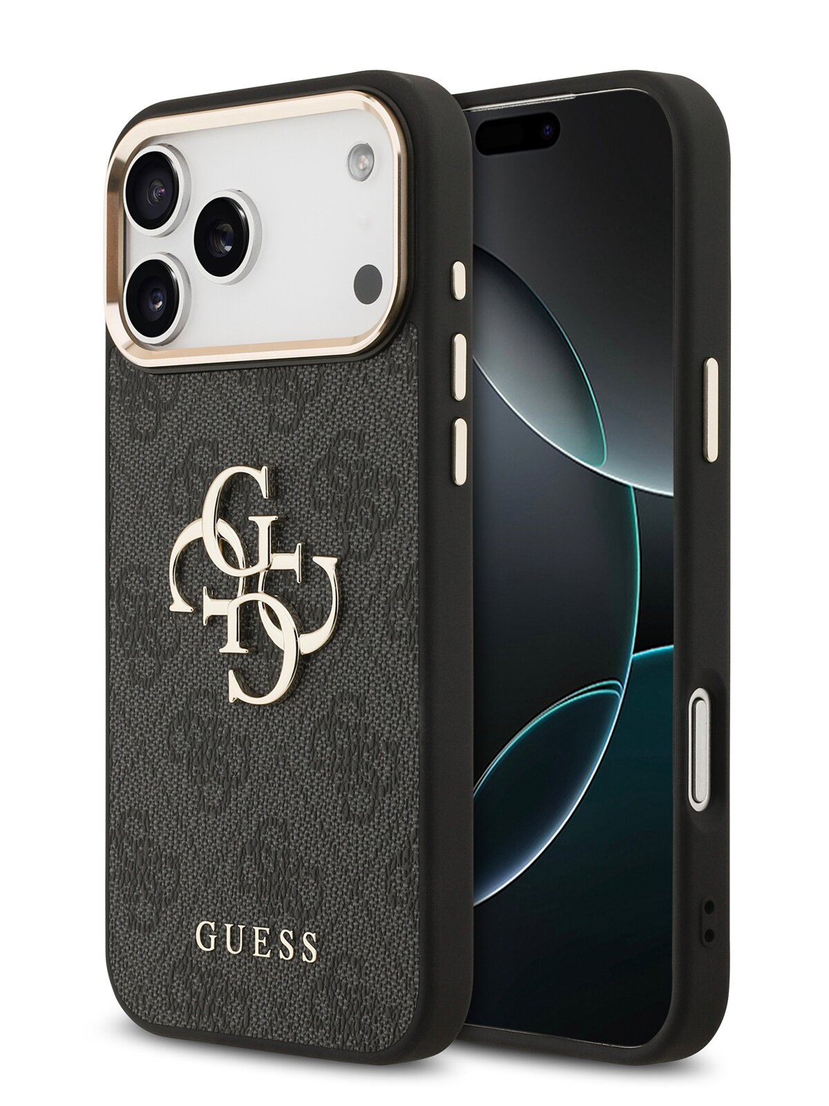 Guess чехол для iPhone 17 Pro Max, PU кожа 4G Big metal logo Gold camera, черный