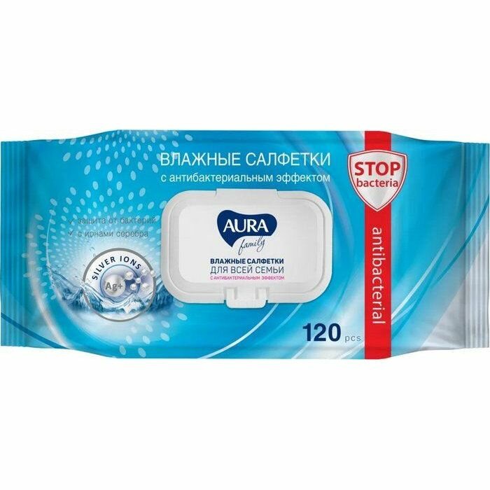 Салфетки влажные AURA для всей семьи с антибактериальным эффектом с клапаном, 120 шт