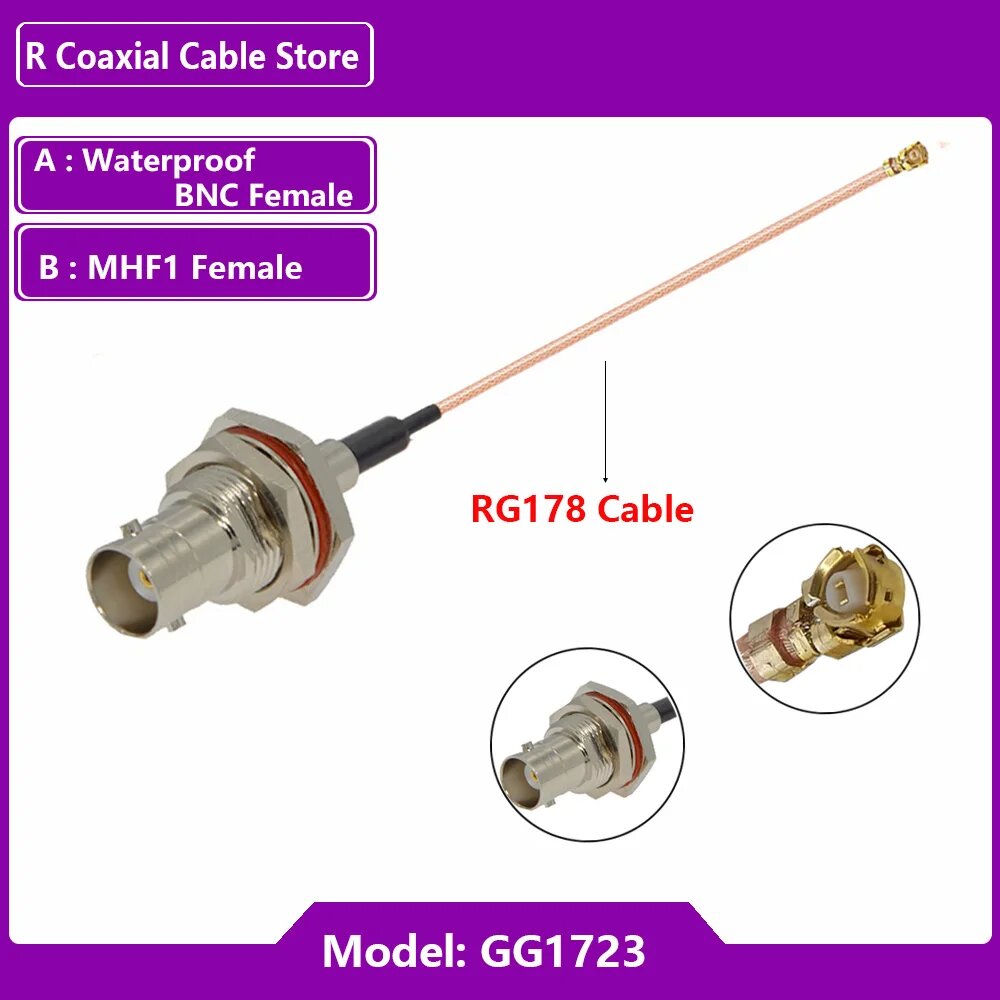 BNC-MHF RF кабель RG178 R 15CM, BNC WF to MHF F