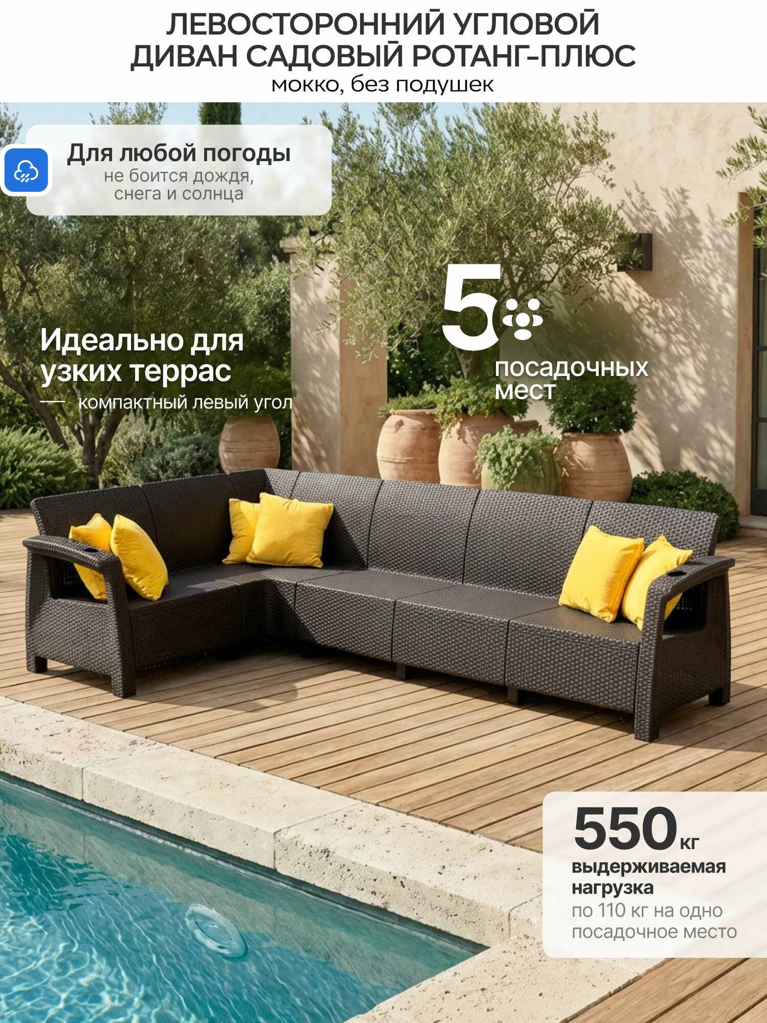 Левосторонний угловой диван садовый Ротанг-плюс, мокко, без подушки