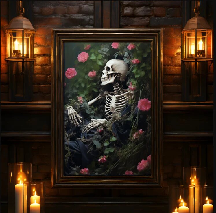 Картина на холсте "Скелет в розах", 20x30см, черный, светло-зеленый