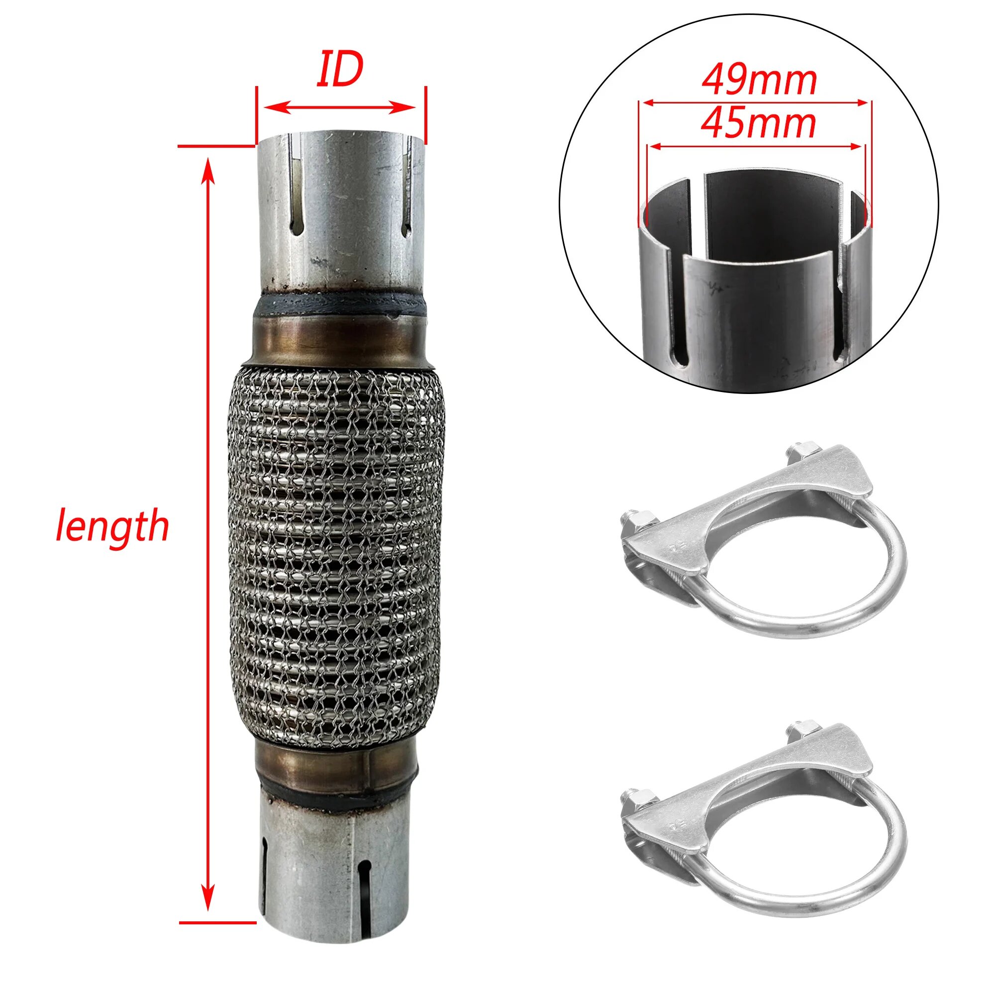 Соединитель трубы глушителя из нержавеющей стали, сварной универсальной выхлопной трубы автомобиля, телескопическое гибкое соединение, оплетка, сильфон ID32-102 мм 350mm, ID45mm