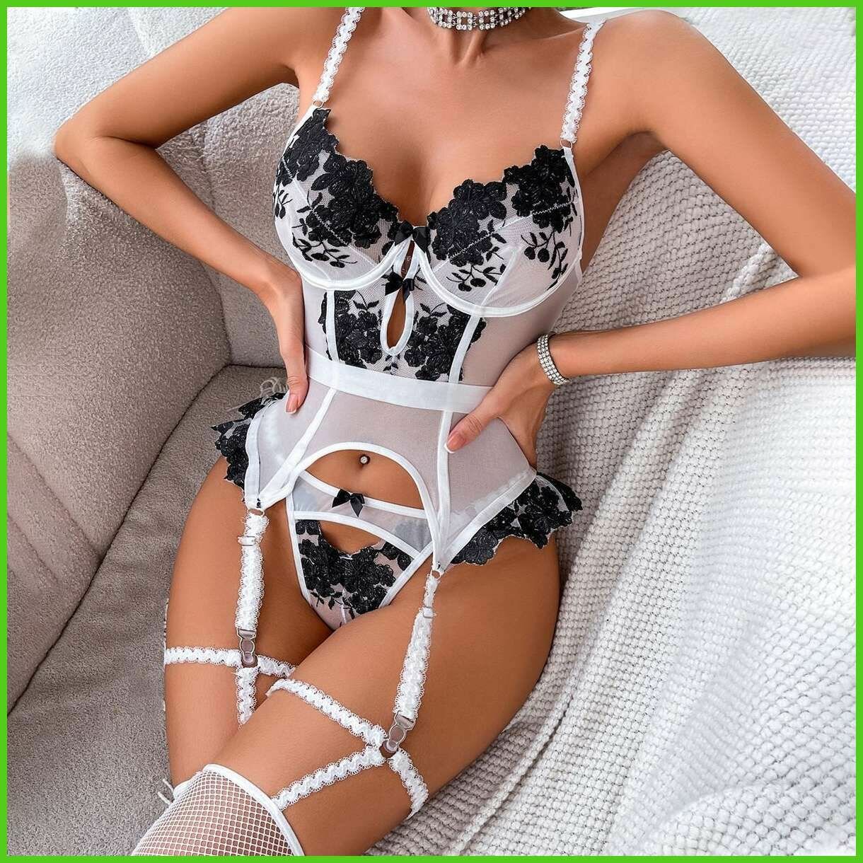 SEXY MIDNIGHT, Комплект эротического белья, Черное кружево, Утягивающий корсет, Чулки, Для интимной встречи, Подарок для жены