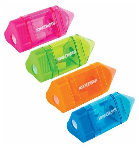 24 шт. Точилка юнландия "Карандашик", со стирательной резинкой, с контейнером, пластиковая, ассорти, 228440