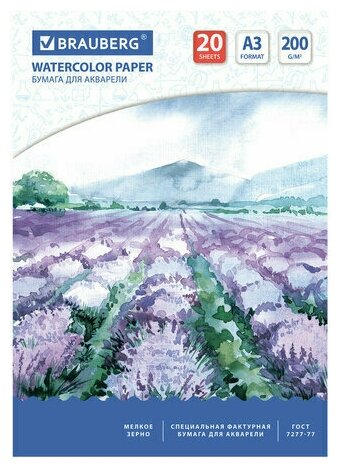 4 шт. Бумага для акварели большая А3, 20 л, 200 г/м2, 297х420 мм, BRAUBERG, "Долина", 122908