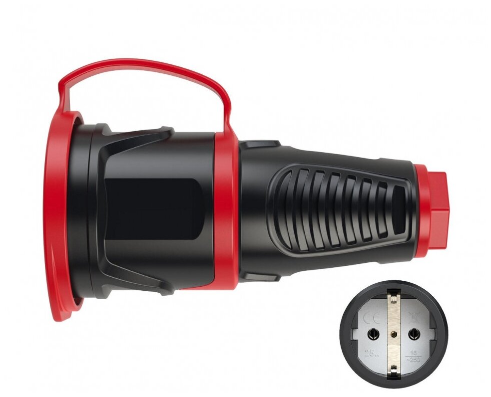 Кабельная розетка PCE 16A 220V 2P+E IP54 с крышкой, корпус черный, крышка и маркер красный 2511-sr, резиновый