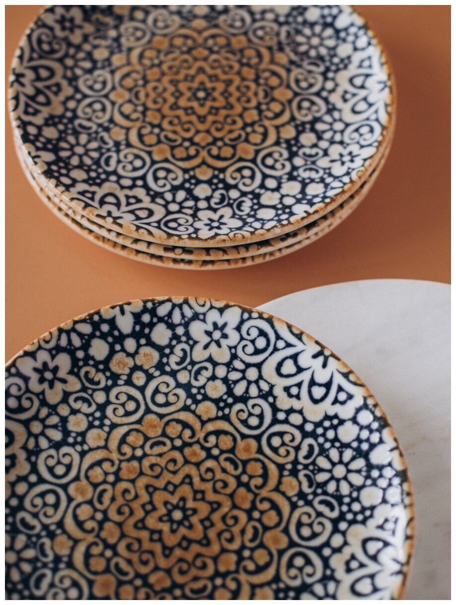 Набор тарелок 4 штуки, серия Alhambra, диаметр 19 см, фарфор, оранжевый, синий, Bonna