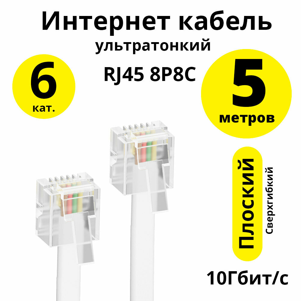 Интернет кабель 5м CAT6 10 Гбит/с RJ45 LAN плоский для ПК PS4 Xbox One Smart TV (ELS-LNC6) белый