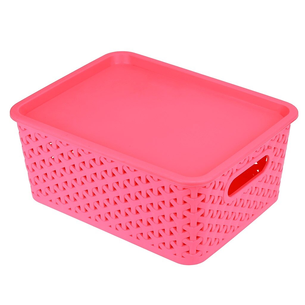 Корзина-ящик Домашняя Мода пластмассовая, для хранения, 24,5х18,5 см, высота 10,5 см, матовый пластик, с крышкой, с ручками, коралловый