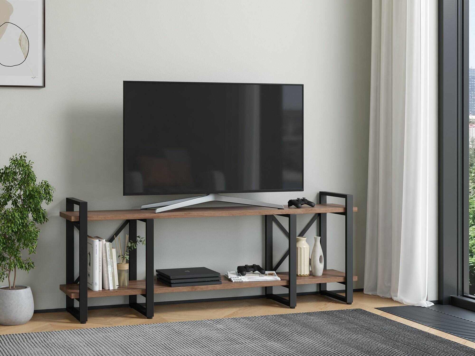 Тумба под ТВ Айсберг Лофт 160 черный/дуб крафт табак