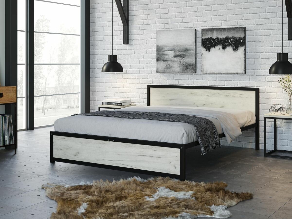Кровать Титан Лофт 160 черный/дуб крафт белый
