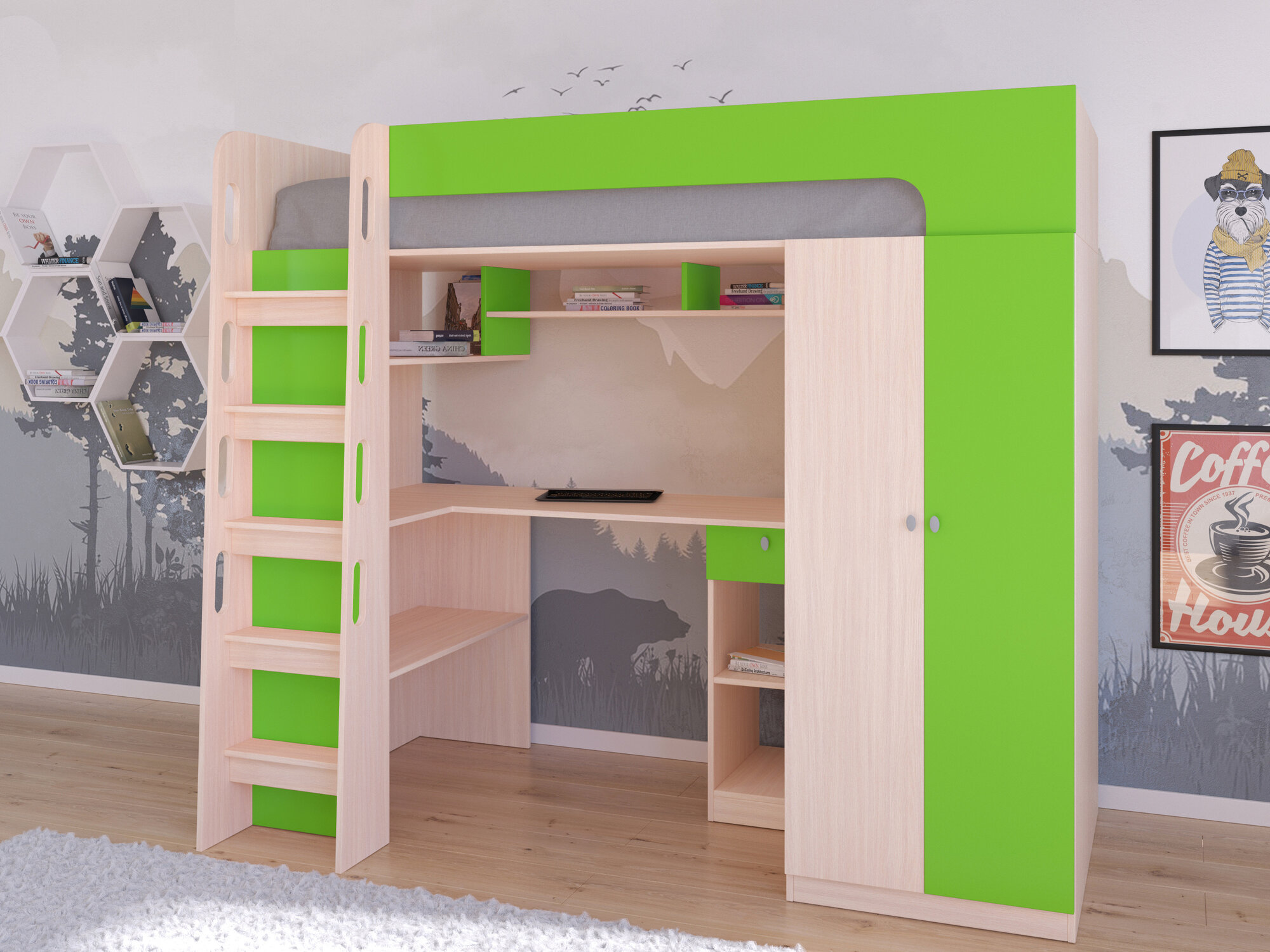 Кровать-чердак Астра 10, дуб молочный/салатовый, 80х195, со шкафом для одежды и столом