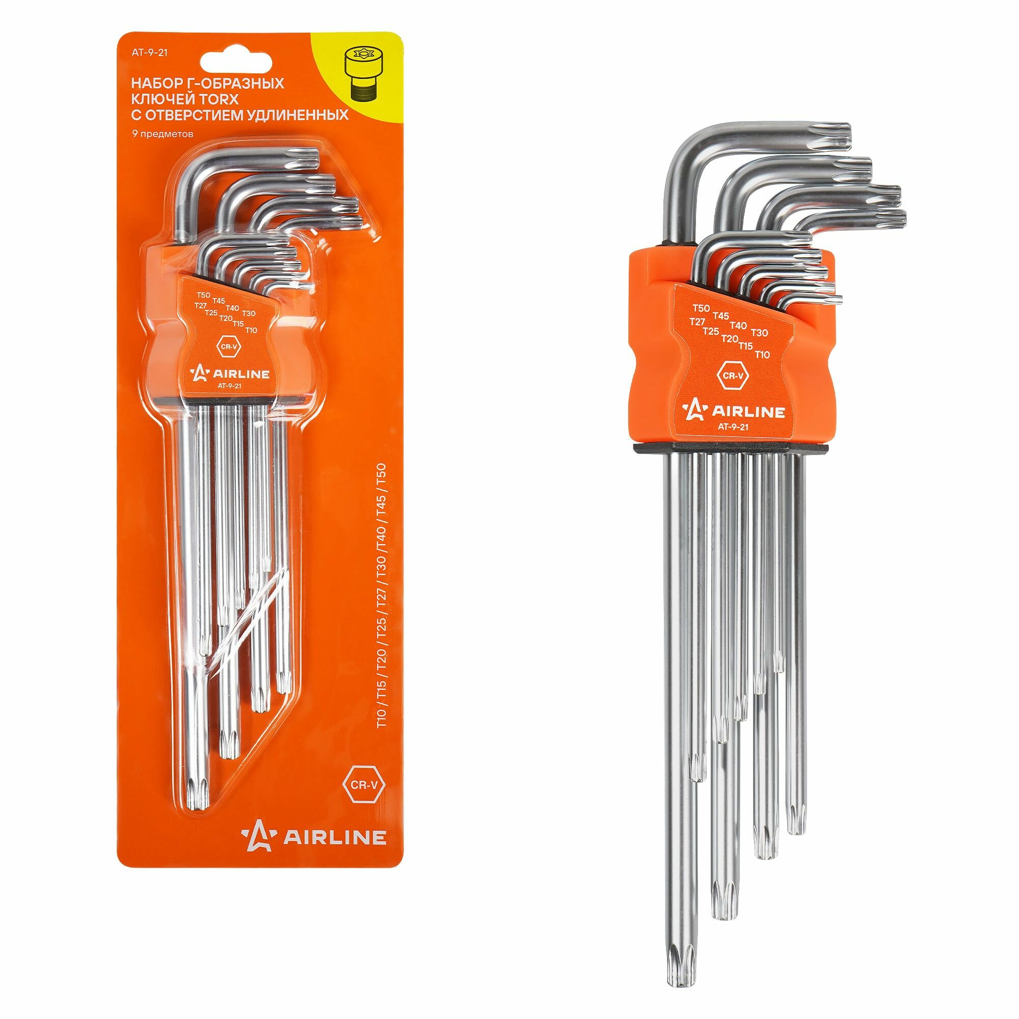 Набор Г-образных ключей TORX удлинённых Airline AT921, инбус с отверстием (9 предметов)