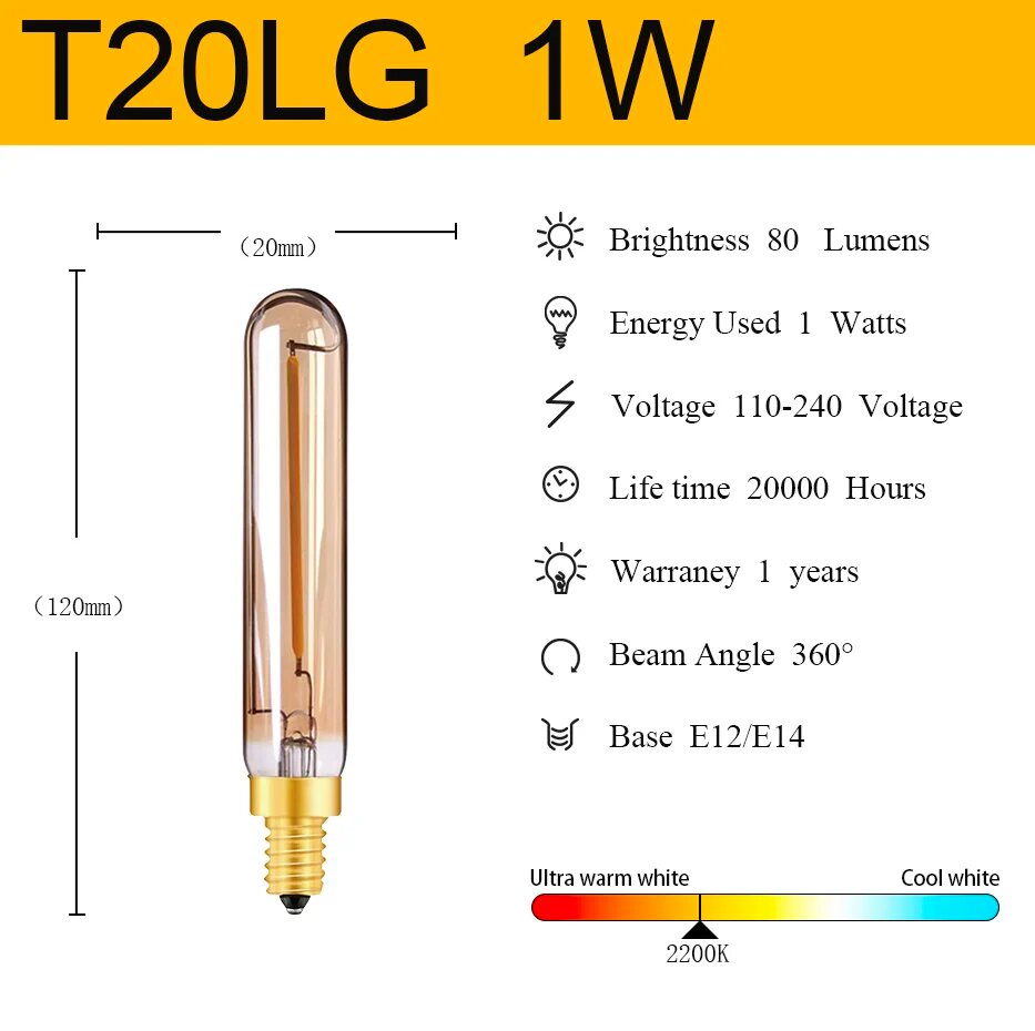 Светодиодные лампы Genixgreen T20 Edison E12 E14 теплый белый T20LG 1W, E14 220V