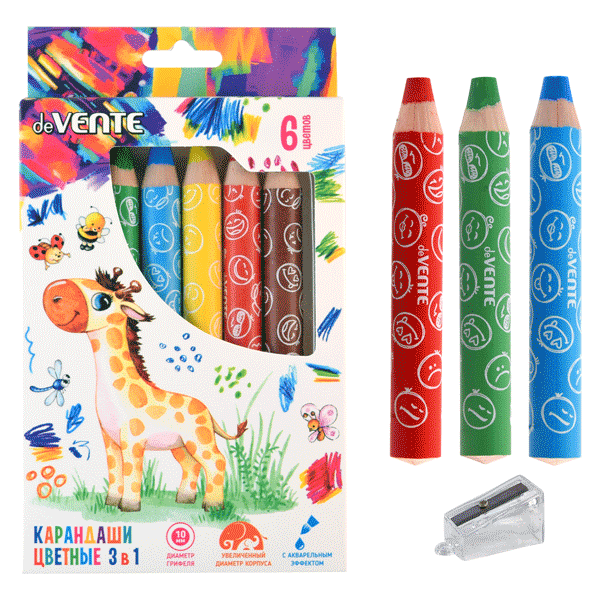 Карандаши восковые deVENTE 6 цветов, с эффектом акварели, Jumbo 3 в 1, утолщенные, супер мягкие, с точилкой