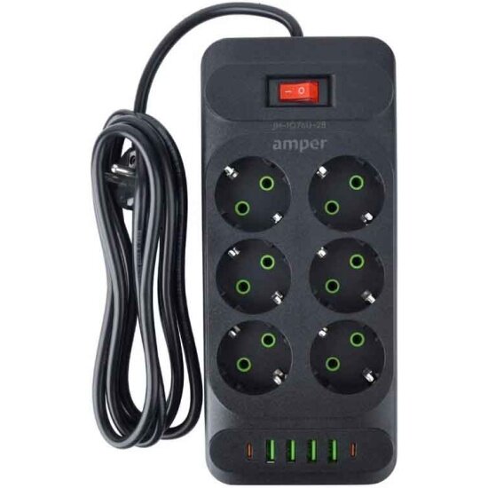 Сетевой удлинитель с USB Amper JH-1076U-2B 6 розеток, 4usb, 2Type-C, 2500 Вт, 10А, 2,0м, черный.