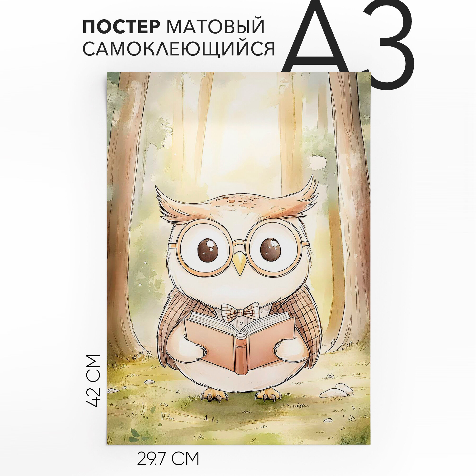 Постеры на стену, детский самоклеящийся A3 Сова, влагостойкий, для декора