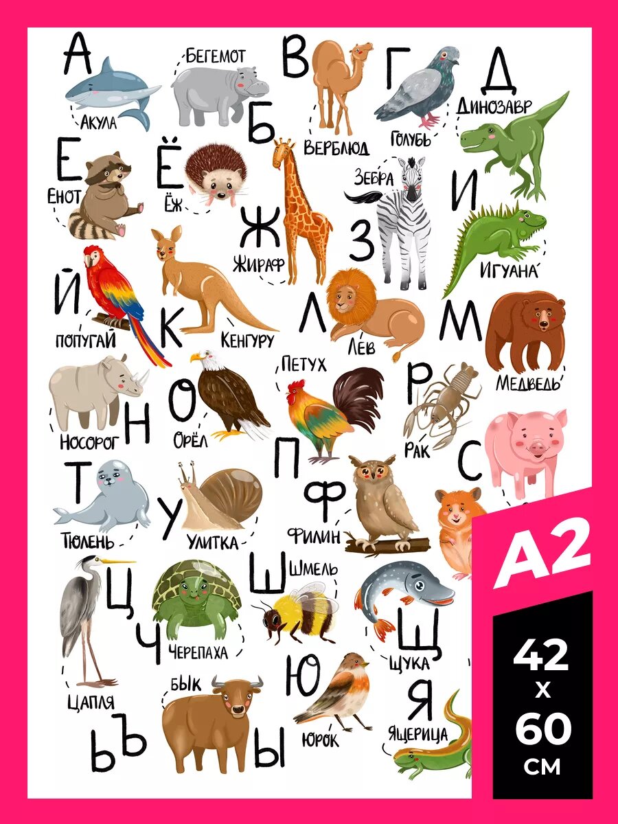 Плакат постер русским алфавитом и азбукой Буквы и животные
