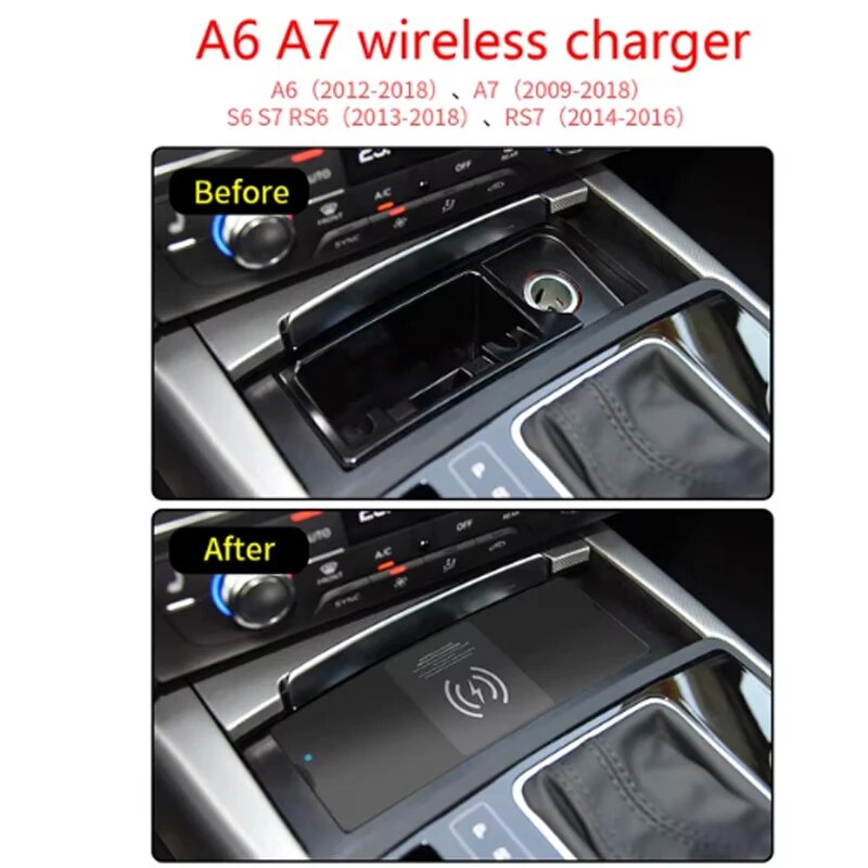 15 Вт Беспроводная зарядная панель для Audi A6 C7 A7 S6 RS6 S7 RS7 2011-2018, зарядное устройство для телефона, держатель для мобильного телефона, USB быстрая зарядка, отделка в 2024 Wireless Charging