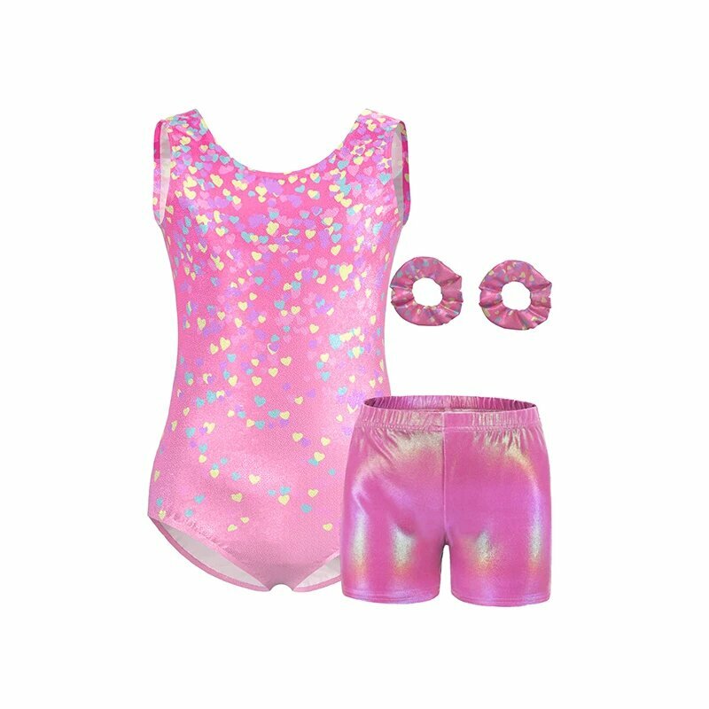 Гимнастический Купальник Для Девочек С Блестящим Узором В Виде Сердца, Топ Без Рукавов, Велосипедные Шорты И Повязка На Голову