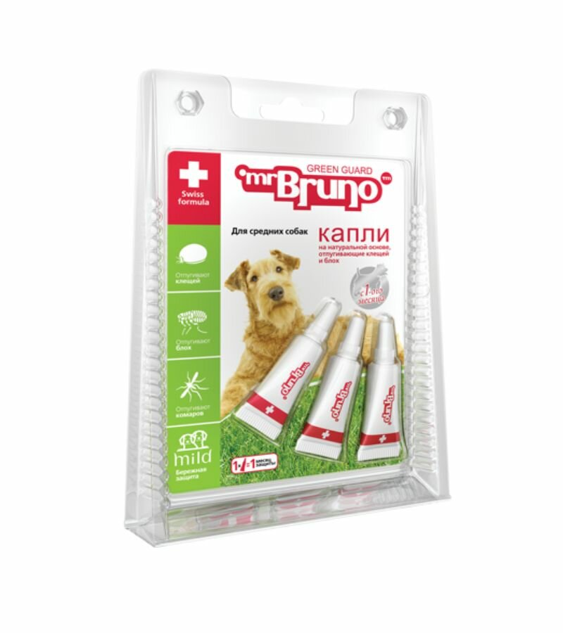 Капли Mr.Bruno от блох, клещей, комаров для средних собак 10-30 кг, 3 пипетки