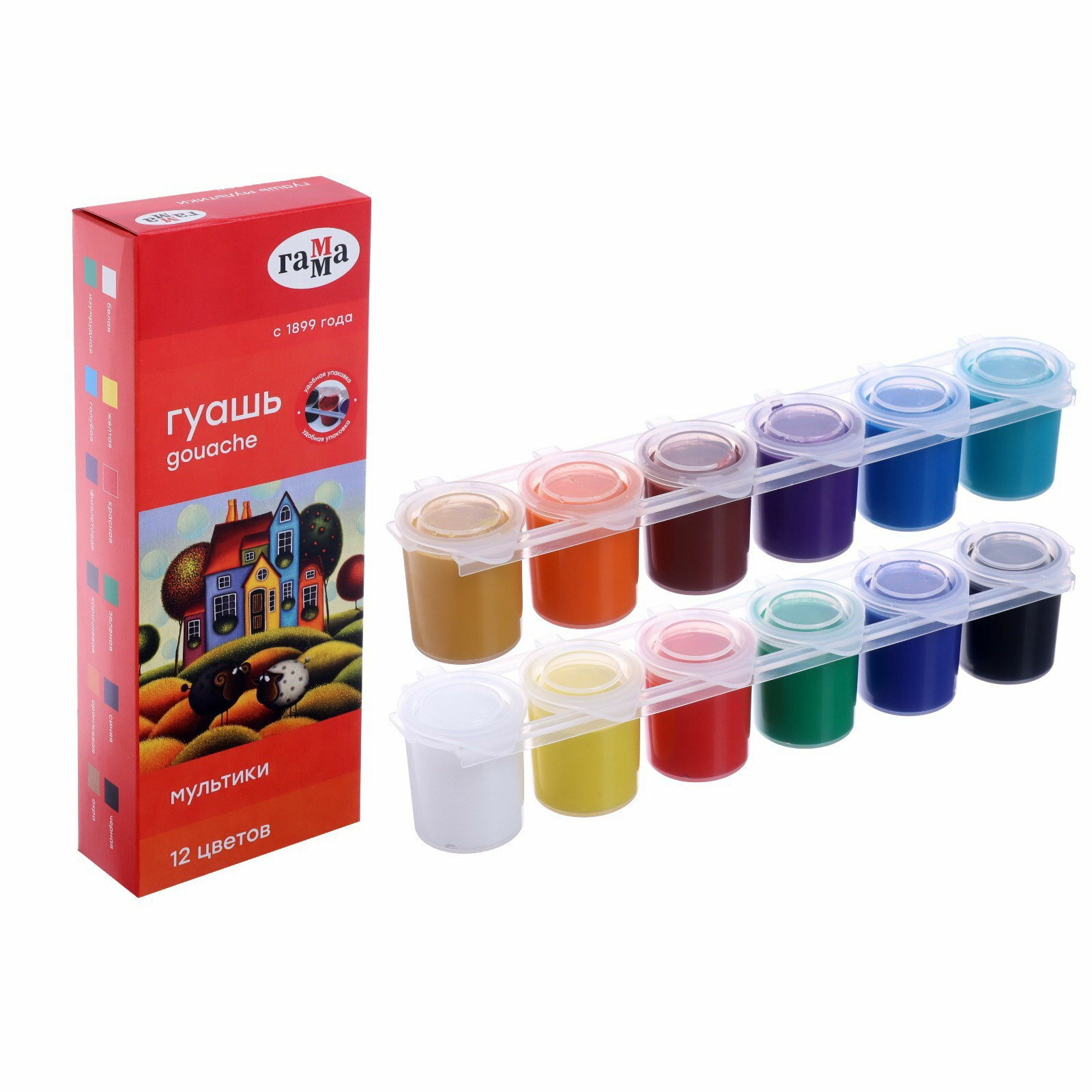 Гуашь 12 цветов x 15 мл "Гамма. Мультики", блок-тара, картонная упаковка 100222-12