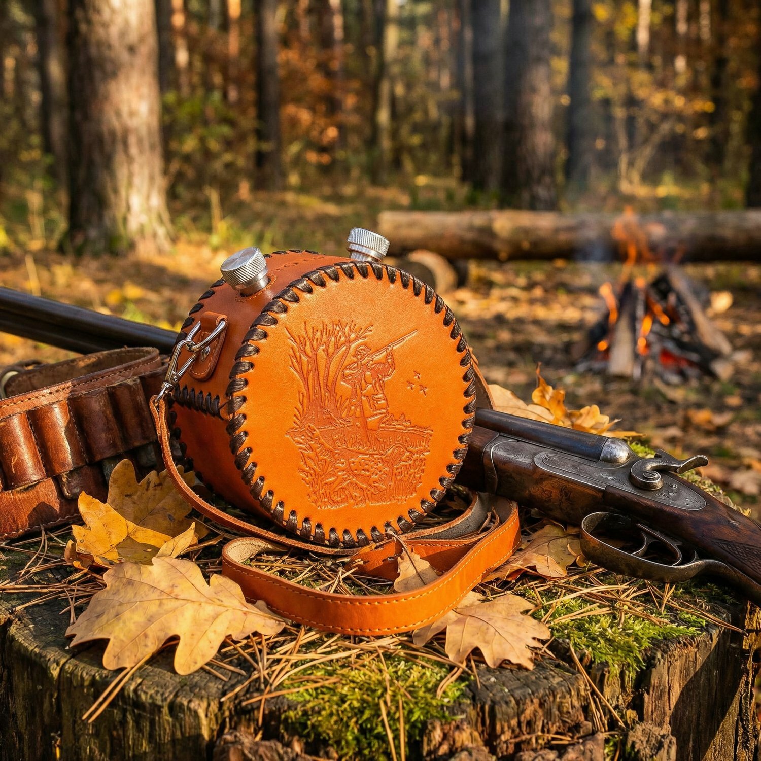 Фляга круглая двойная (2×0,5 л) обтянутая натуральной кожей 542ФК-РТ