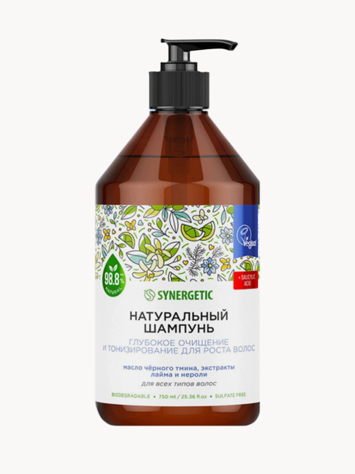 Шампунь для всех типов волос SYNERGETIC "Интенсивное увлажнение и блеск" натуральный, бессульфатный, 750мл