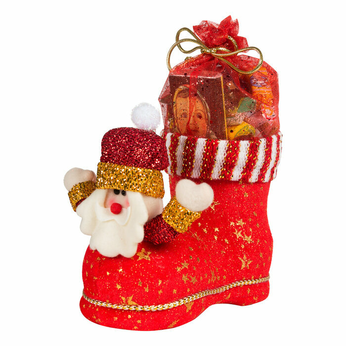 Декоративная новогодняя упаковка из текстильных материалов "Сапожок с Дедом Морозом большой" арт. NC12-1018/1. Вместимость - до 850 г