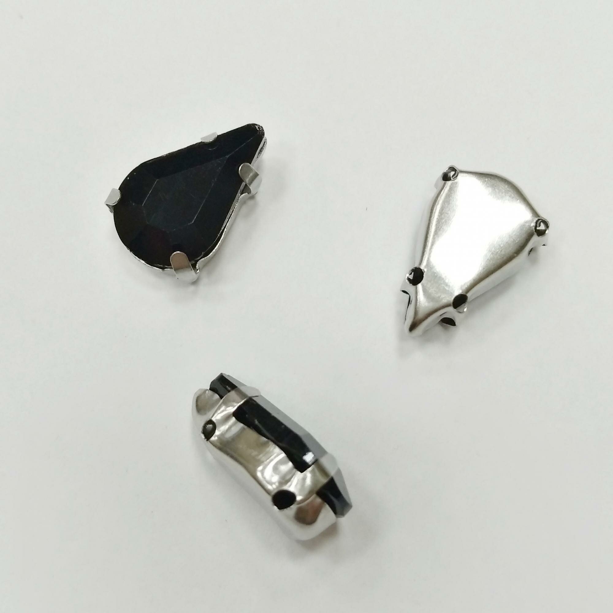 Стразы стеклянные в оправе, 13х8мм, пришивной, форма удлиненная капля, непрозрачный черный, оправа стального цвета, 5 грамм