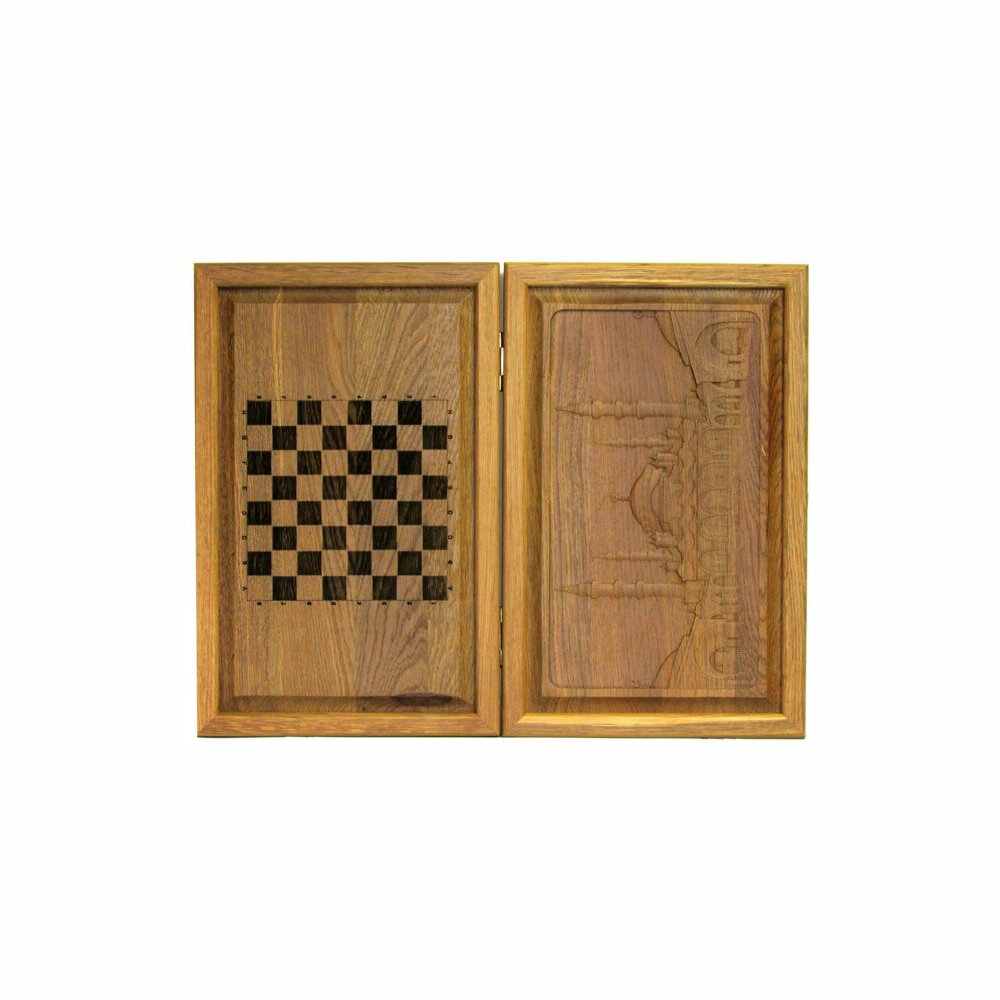 Резные объемные нарды+шашки дорожного размера из массива мореного дуба Мечеть Султанахмет 36*46 см 999-10-14