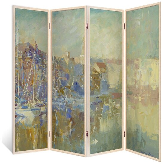 Ширма перегородка Декор Депо для комнаты деревянная "Онфлёр" двухсторонняя с картинкой (живопись) 4 створки кремовый дуб 176х185 см 14 кг