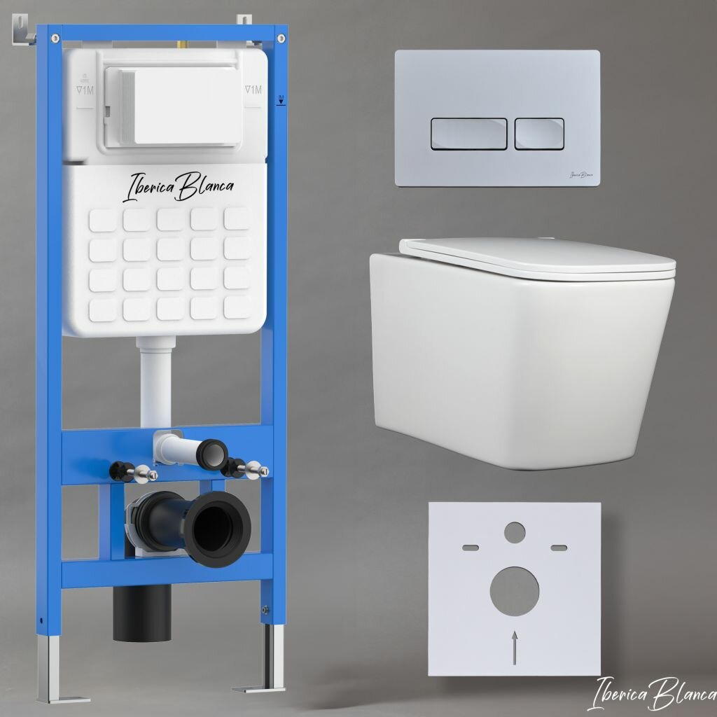 Комплект 6 в 1 инсталляция, унитаз торнадо белый TOLEDO ALTO, шумоизоляция, сиденье микролифт, крепления, клавиша хром матовый, пластик ESTI-R, IBERICA BLANCA