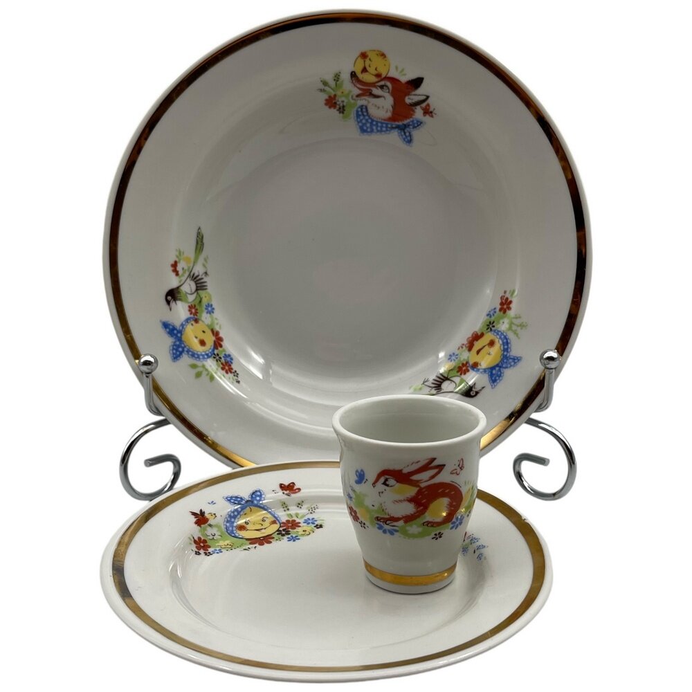 Детская посуда Набор "Колобок" (3 предмета), фарфор, 1978-1991 гг, Добрушский ФЗ, СССР