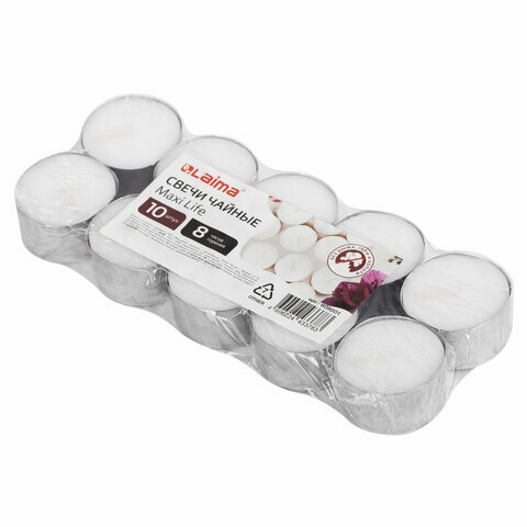 Свечи чайные Maxi Life, до 8 часов горения, вес 21 г, комплект 10шт, в гильзе, LAIMA, 609201