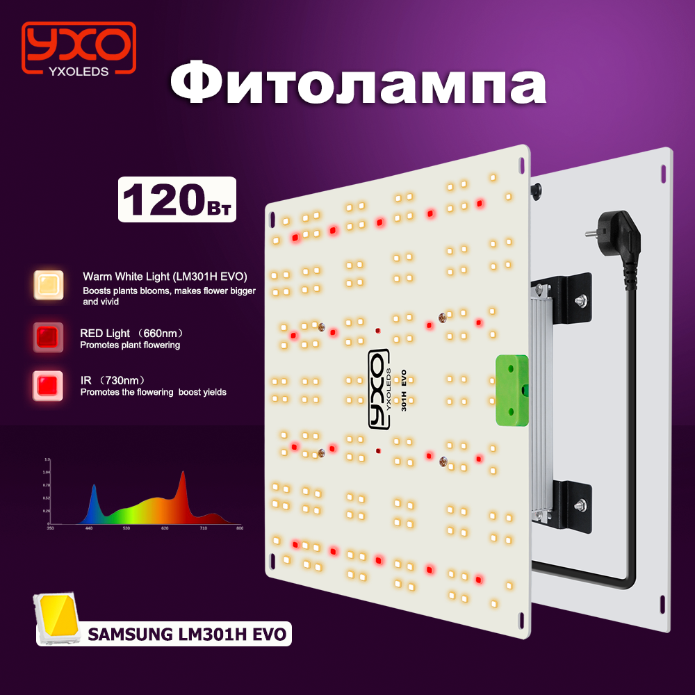 Лампа для растений 120ватт/ Квантум LM301H EVO /3500+660nm+ 730nm спектр, вегетация и цветение