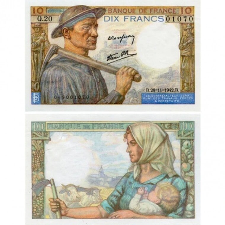 10 франков 1942 Французская Республика, сувенирная копия, банкноты и купюры редкие коллекционные