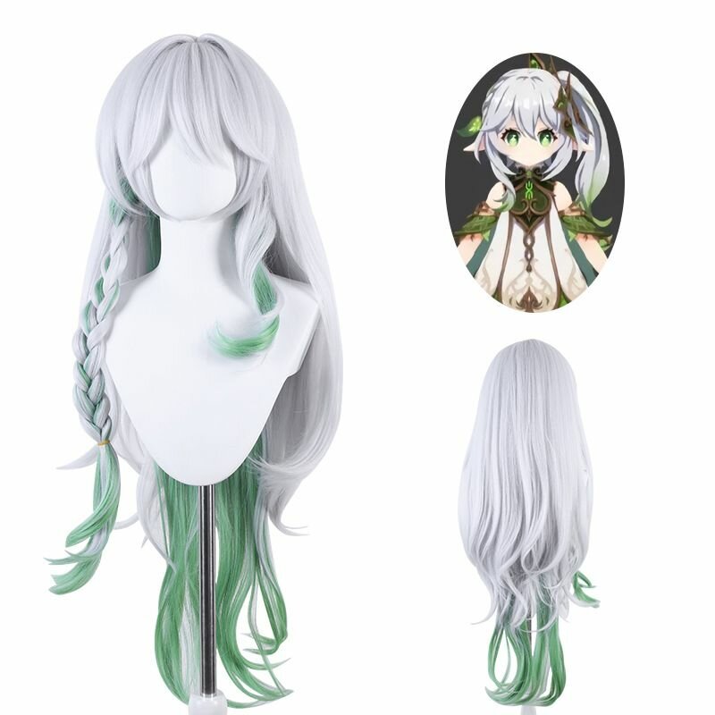 Парик персонажа Нахида в Геншин Проект Белый сочетается с зеленым длина около 100 см
