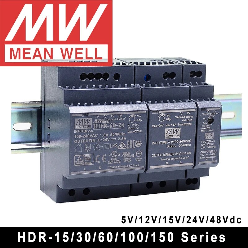 Блок питания MEAN WELL HDR-15 5-48В, 150Вт, класс изоляции II, ширина 1SU