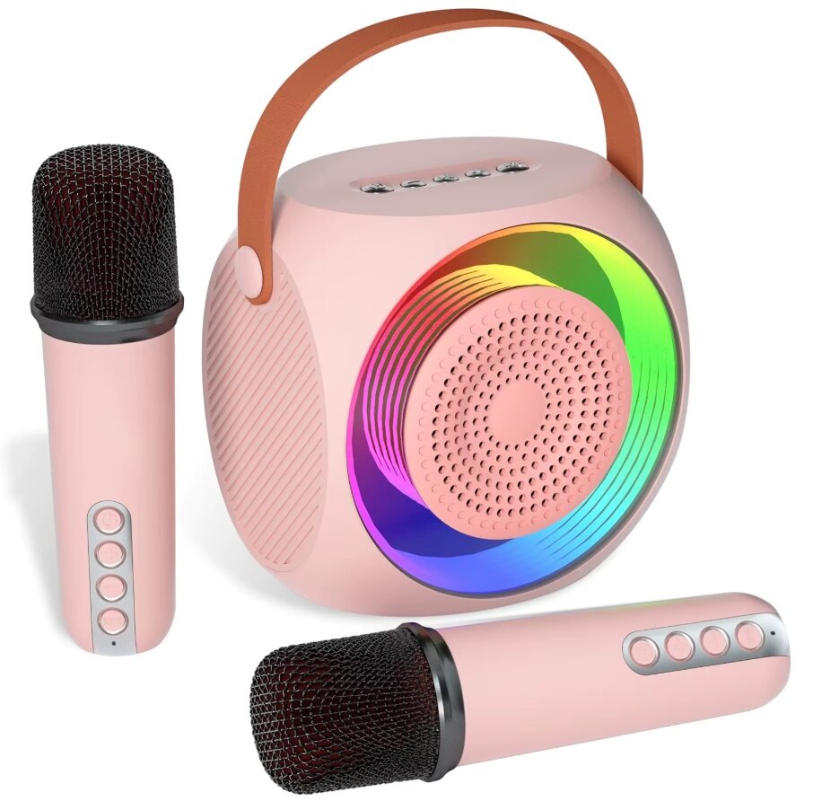Портативная караоке колонка с 2 микрофонами, RGB подсветка, розовая, детская