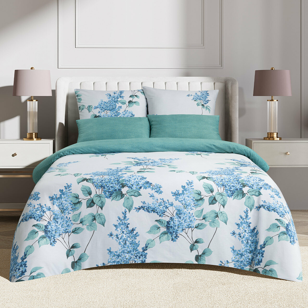 Постельное белье евро с резинкой Гармоника "Черёмуха", сатин, (100% хлопок), белый, цветы, Ecotex