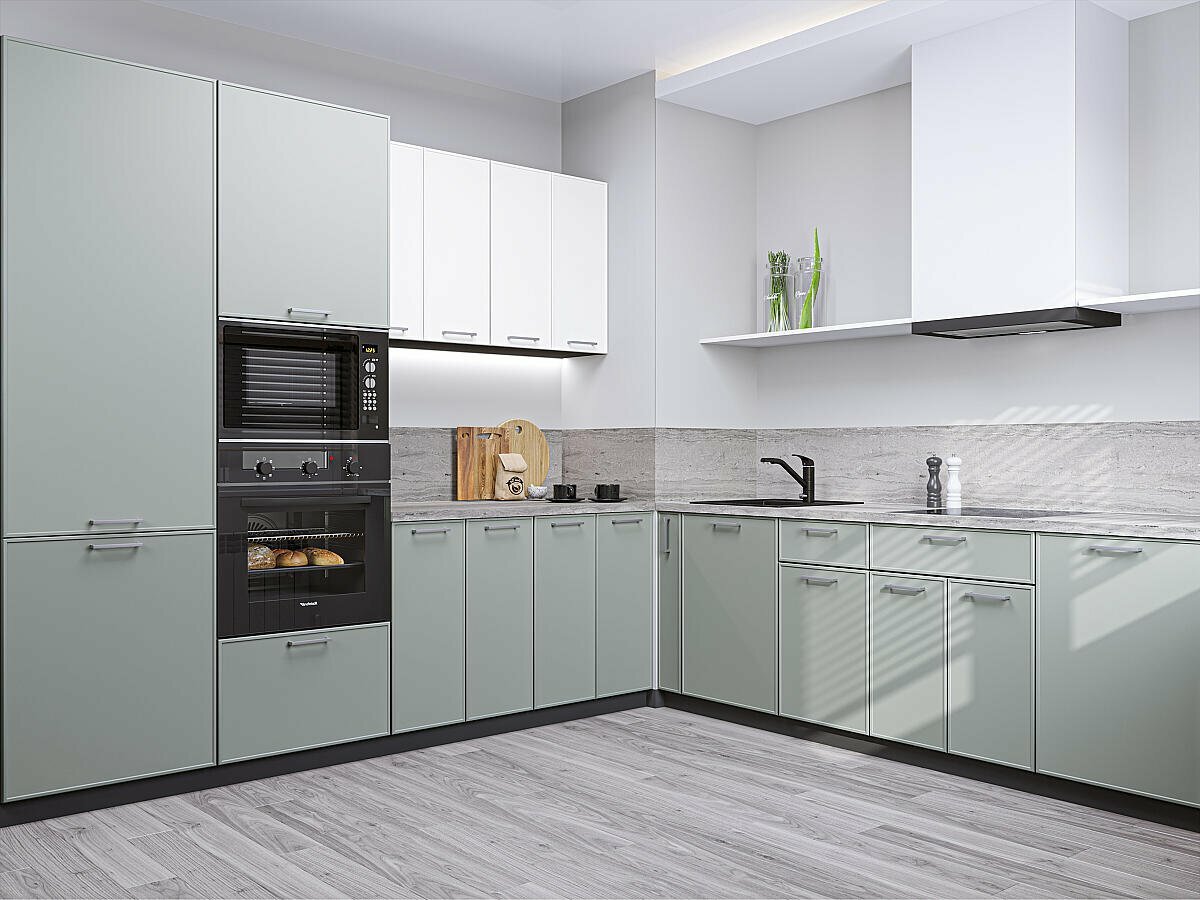Кухня Квадро-02, цвет фасада Белый/Аквамарин, цвет каркаса Graphite, 2140*2400/2150*600 мм