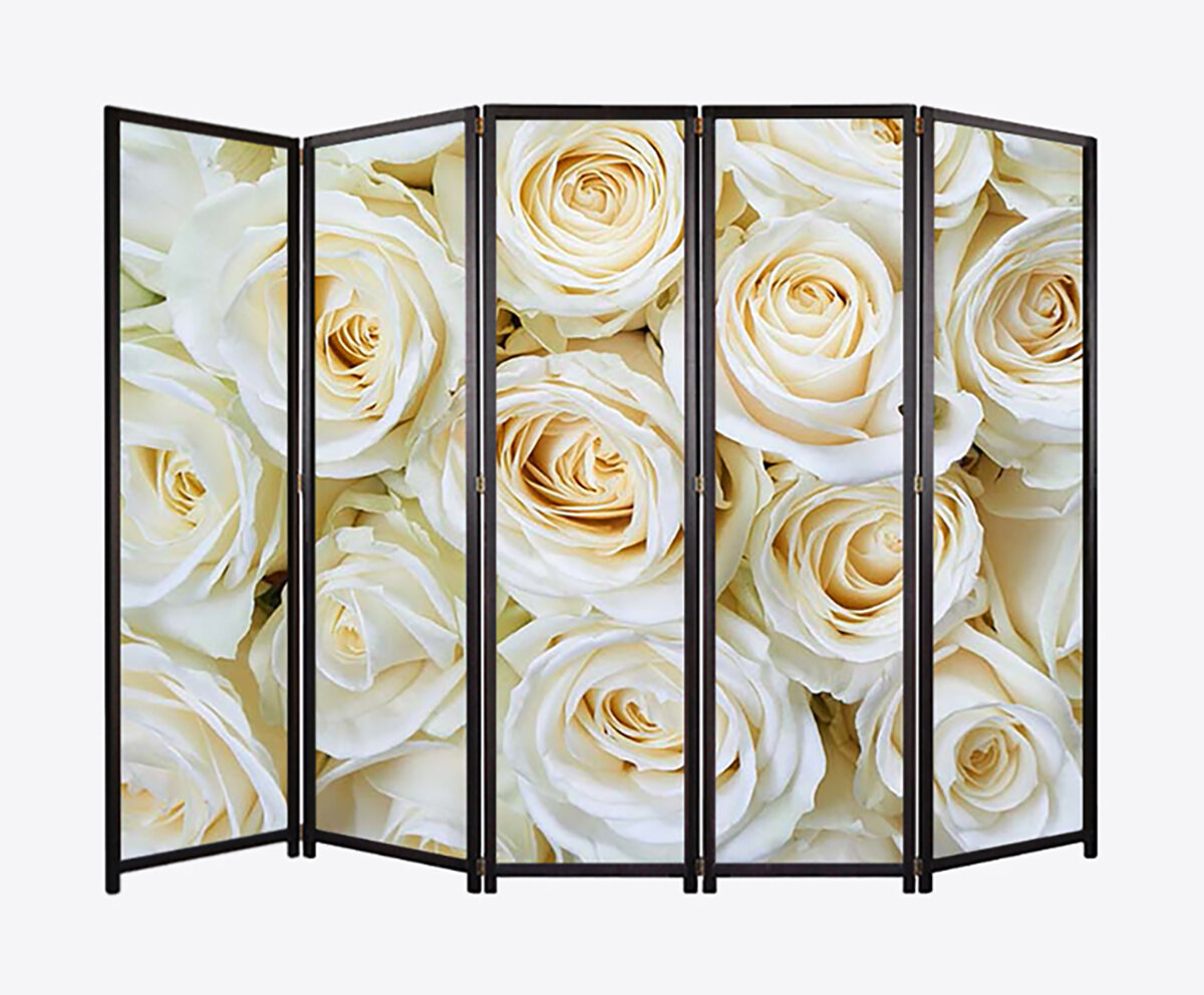 Ширма перегородка секционная складная iDeaLList "Белые розы", 5 створок, размер 180x250 см