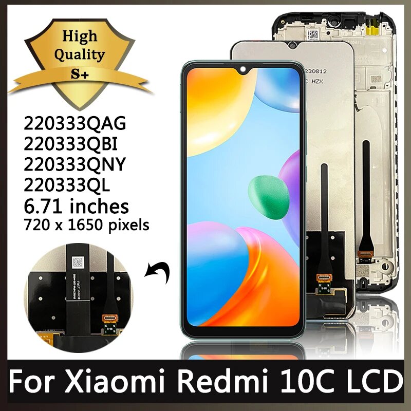 6,71 "дюймовый ЖК-дисплей для Xiaomi Redmi 10c, дигитайзер сенсорного экрана в сборе для Redmi10c 220333 QBI QAG QNY Замена ЖК-дисплея Black with frame