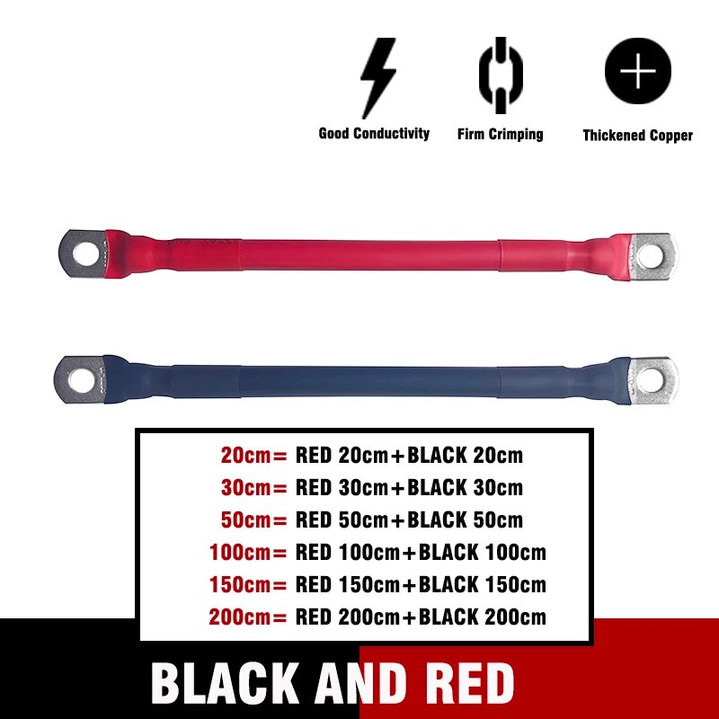 Аккумуляторные кабели из меди 4AWG, красный+черный, M8 8AWG - 8.25mm2, 20CM, M8 - M8