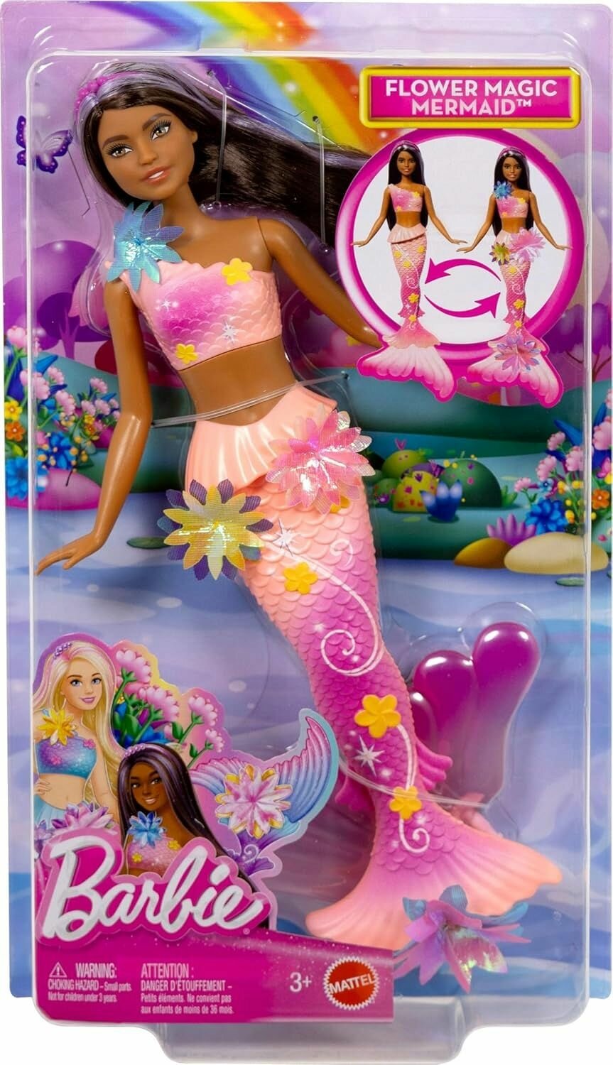 Кукла Mattel Barbie Blooming Flowers - Кукла Русалка с длинными каштановыми волосами и волшебными цветами - Барби JDM73