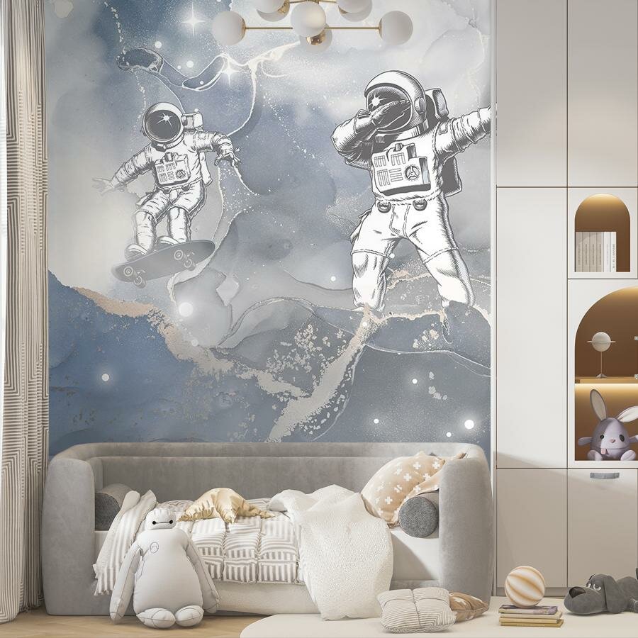 Фотообои детские. Космонавты в космосе 12-1630-S-Холст 270 x 200 см (ВхШ) Бесшовные, флизелиновые, влагостойкие обои MasterFresok